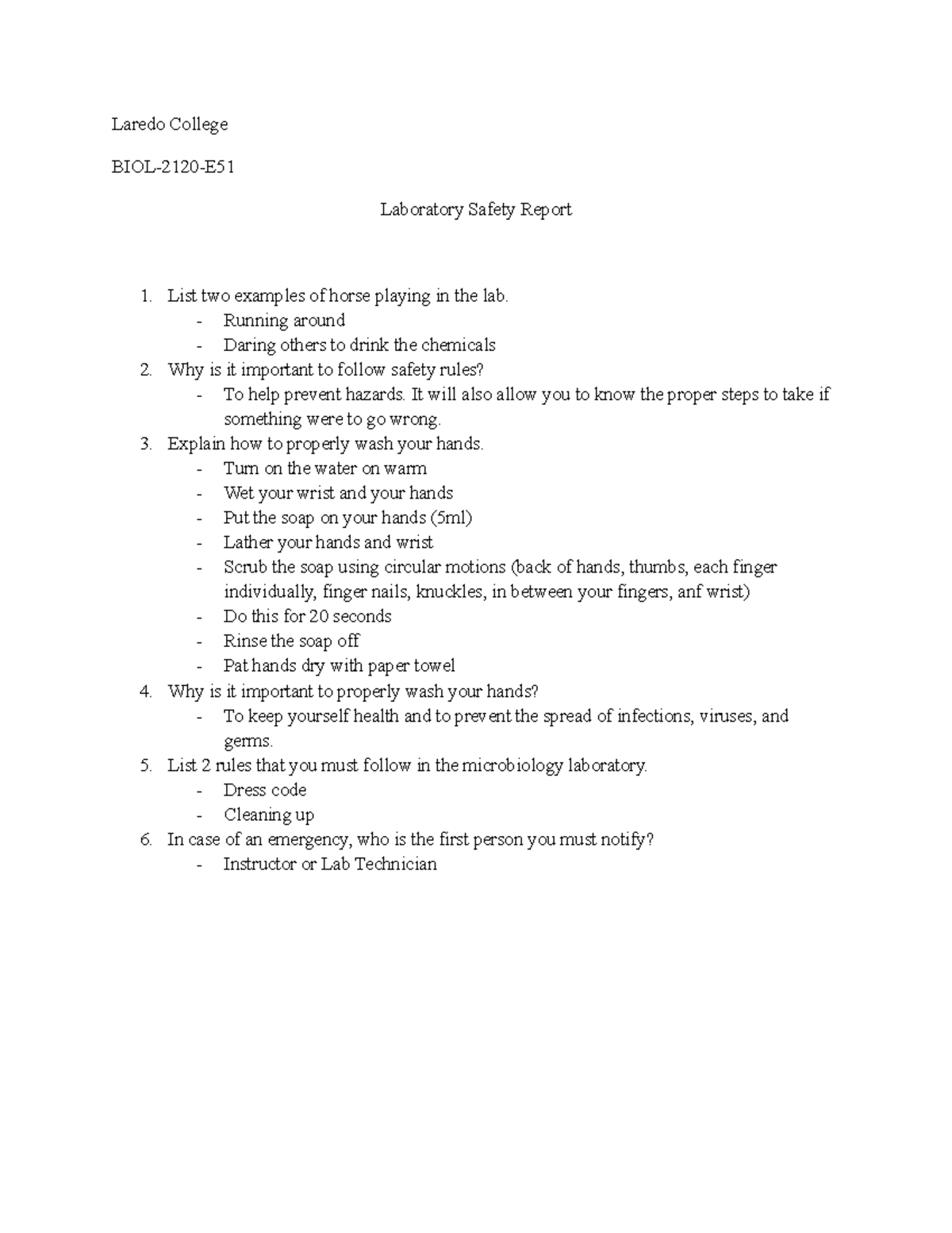 Lab Safety Report - Laredo College BIOL-2120-E Laboratory Safety Report ...