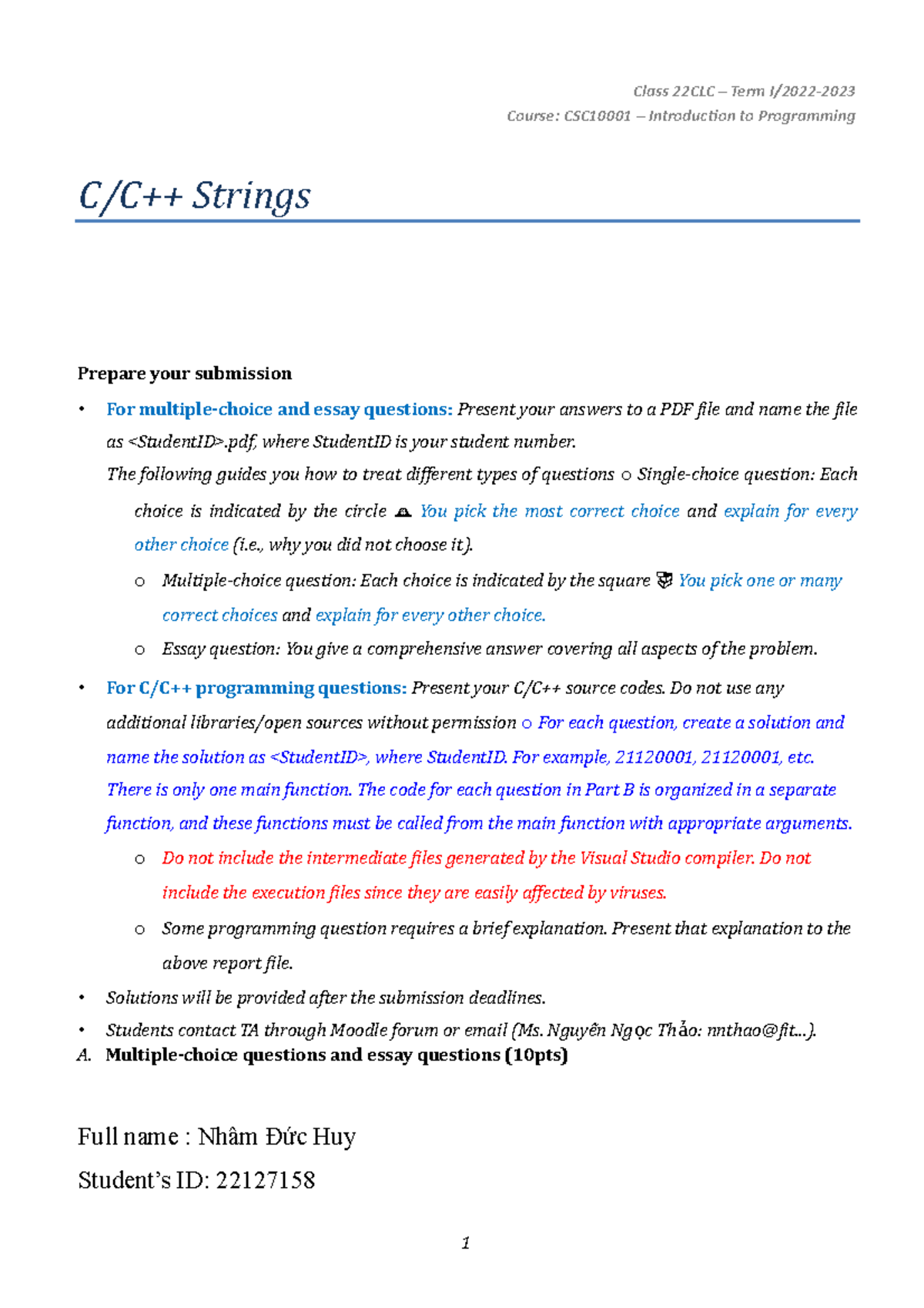 C++ CSC10001 HW09 - Class 22CLC – Term I/2022- Course: CSC10001 ...
