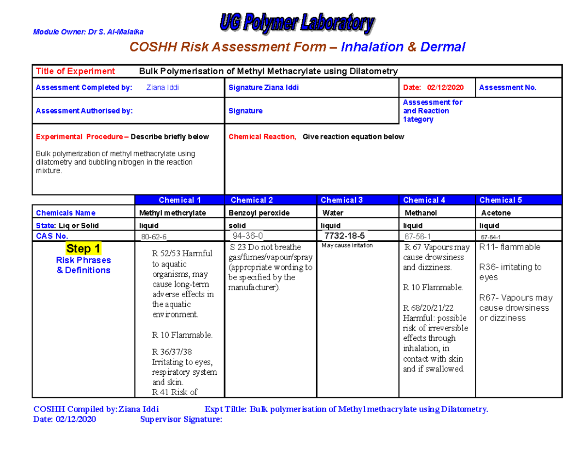 Coshh P2 - coursework - COSHH Risk Assessment Form – Inhalation ...