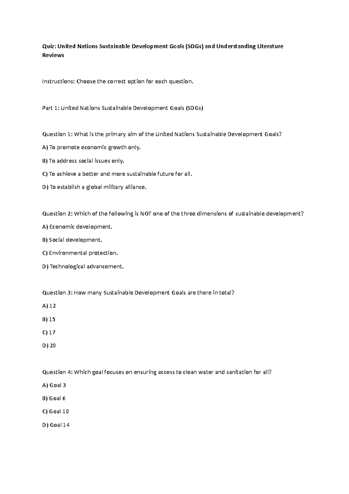 Quiz 1 - Focuses on SDG - Quiz: United Nations Sustainable Development Goals (SDGs) and - Studocu