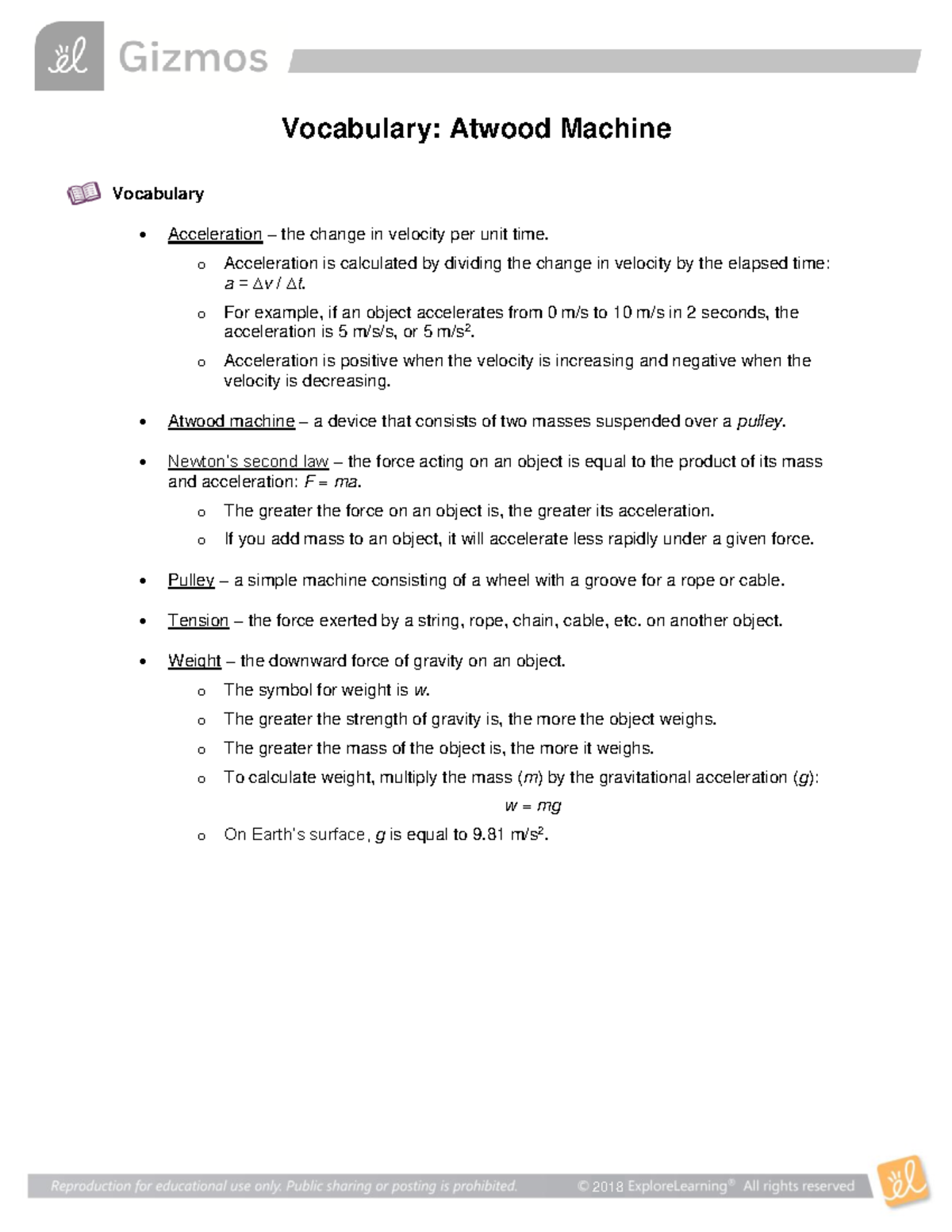 Atwood Machine Vocab - PHYSICS - 2018 Vocabulary: Atwood Machine ...