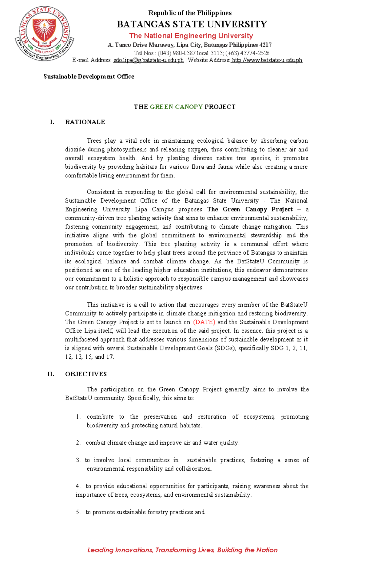 Tree Planting Project Proposal - Republic of the Philippines BATANGAS ...