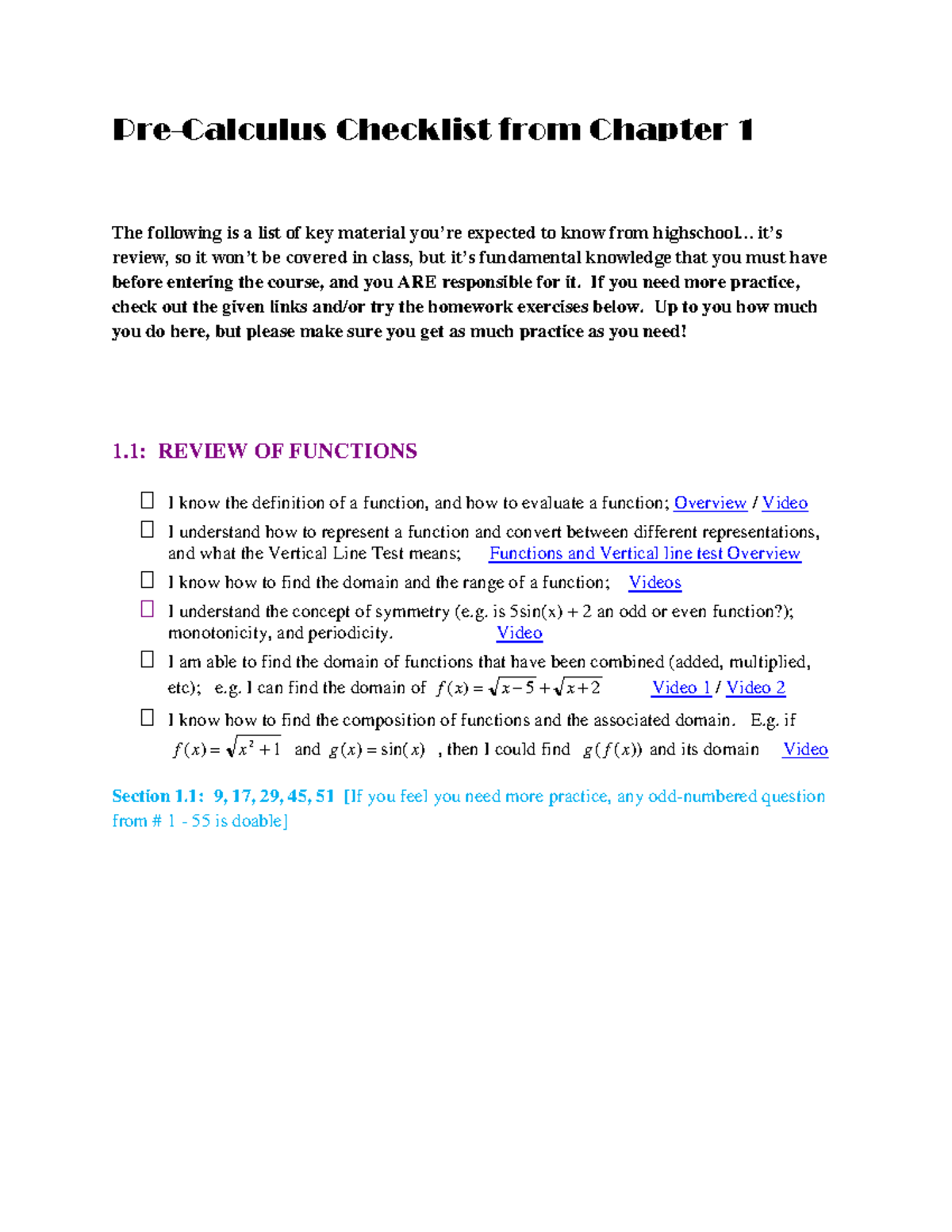Pre-Calc Checklist NEW-1 - Pre-Calculus Checklist from Chapter 1 The ...
