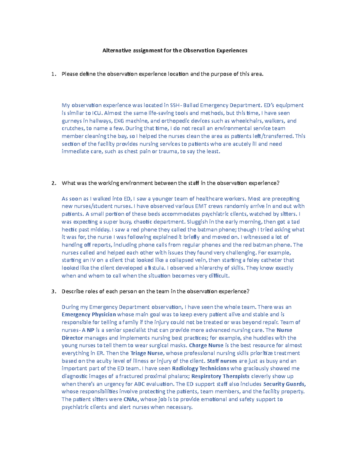 Alternative assignment for the Observation Experiences ED - Alternative ...