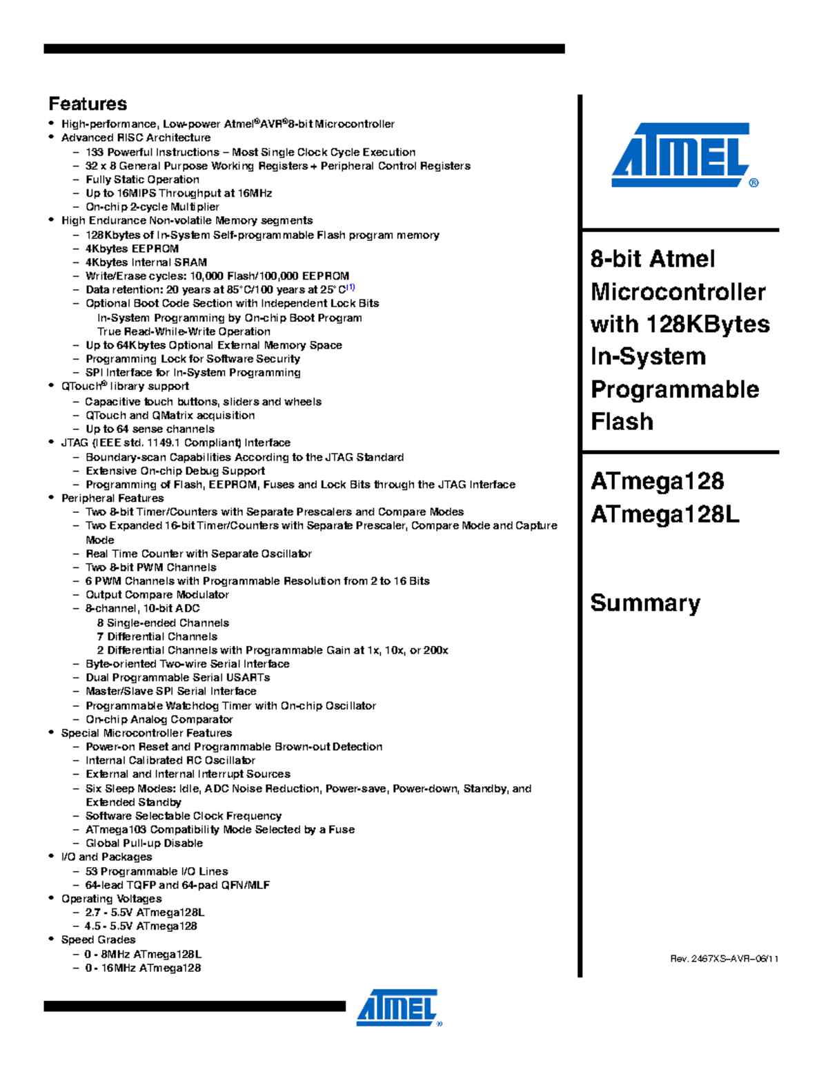 ATmega 128 L Datasheet Summary - Features • High-performance, Low-power Atmel®AVR®8-bit - Studocu
