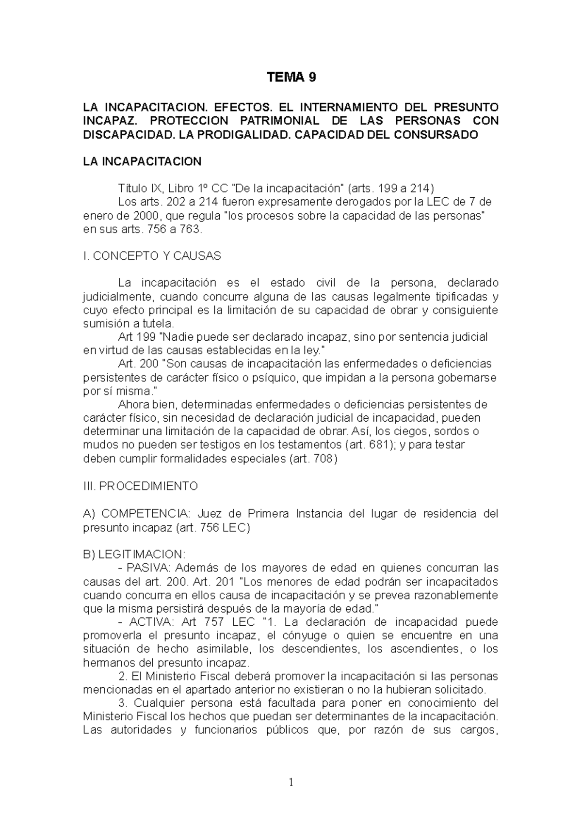 TEMA 9 - TEMA 9 LA INCAPACITACION. EFECTOS. EL INTERNAMIENTO DEL ...
