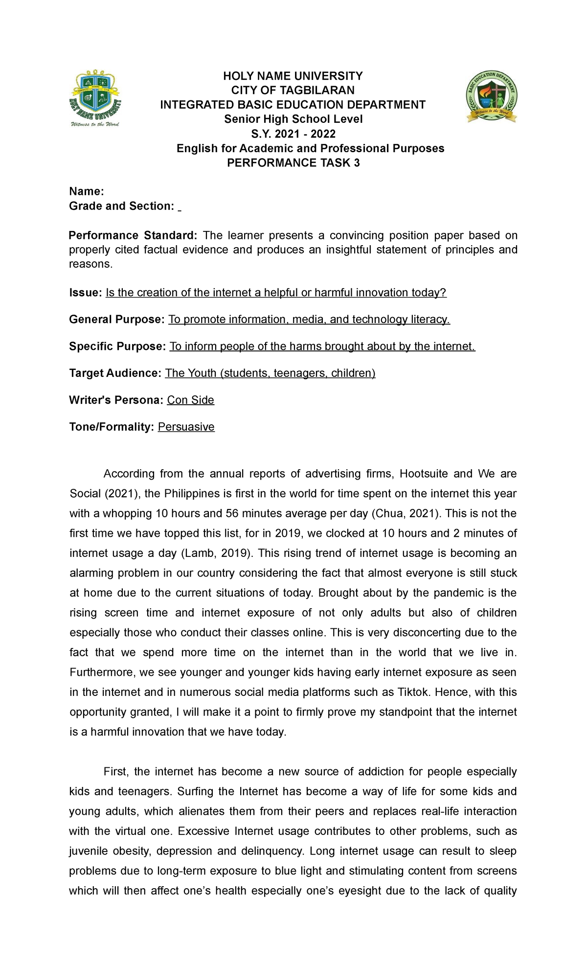 Position paper about internet - HOLY NAME UNIVERSITY CITY OF TAGBILARAN ...