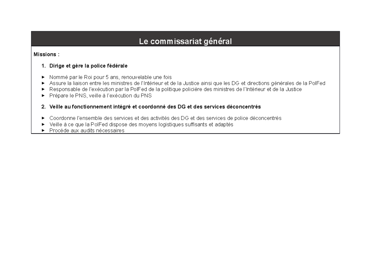 Le commissariat général - Le commissariat général Missions : 1. Dirige ...