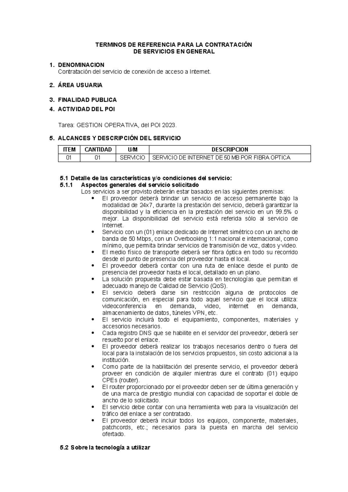 Modelo DE TDR DE Internet - TERMINOS DE REFERENCIA PARA LA CONTRATACIÓN ...