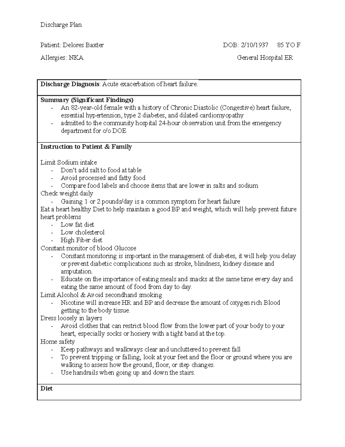 Discharge Plan - Discharge Plan Patient: Delores Baxter DOB: 2/10/1937 ...