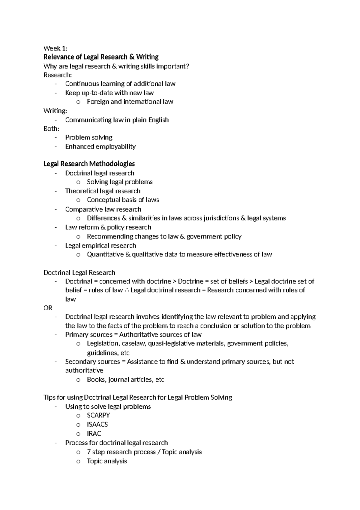 LLH201 lecture notes week 1 - Week 1: Relevance of Legal Research ...