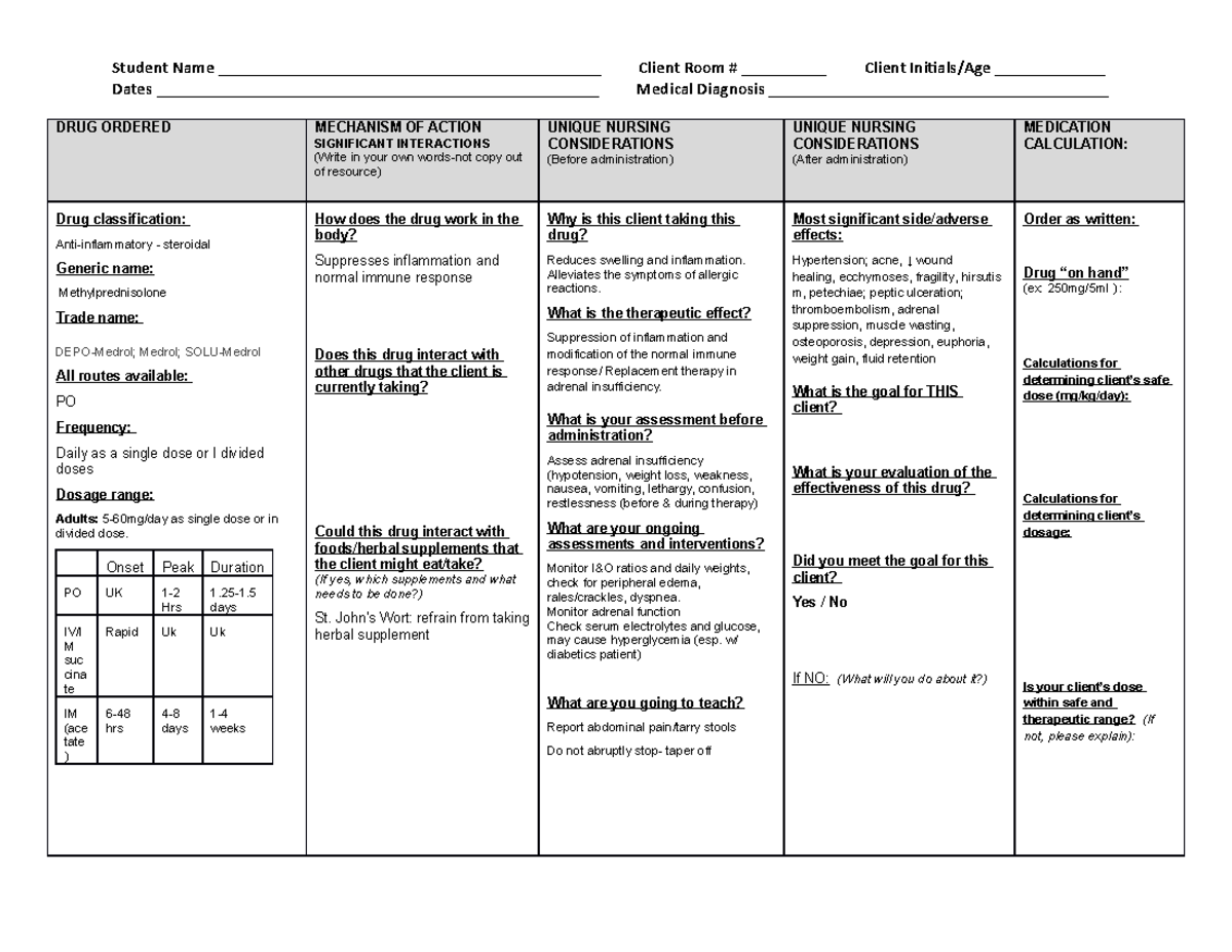 Methyl Prednisolone - MEDICATION CARD - Student Name
