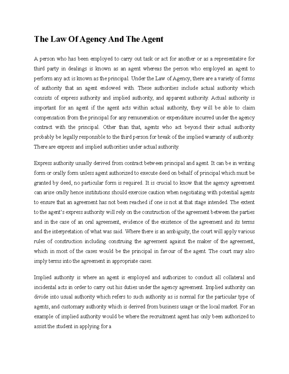 The Law Of Agency And The Agent - Under the Law of Agency, there are a ...