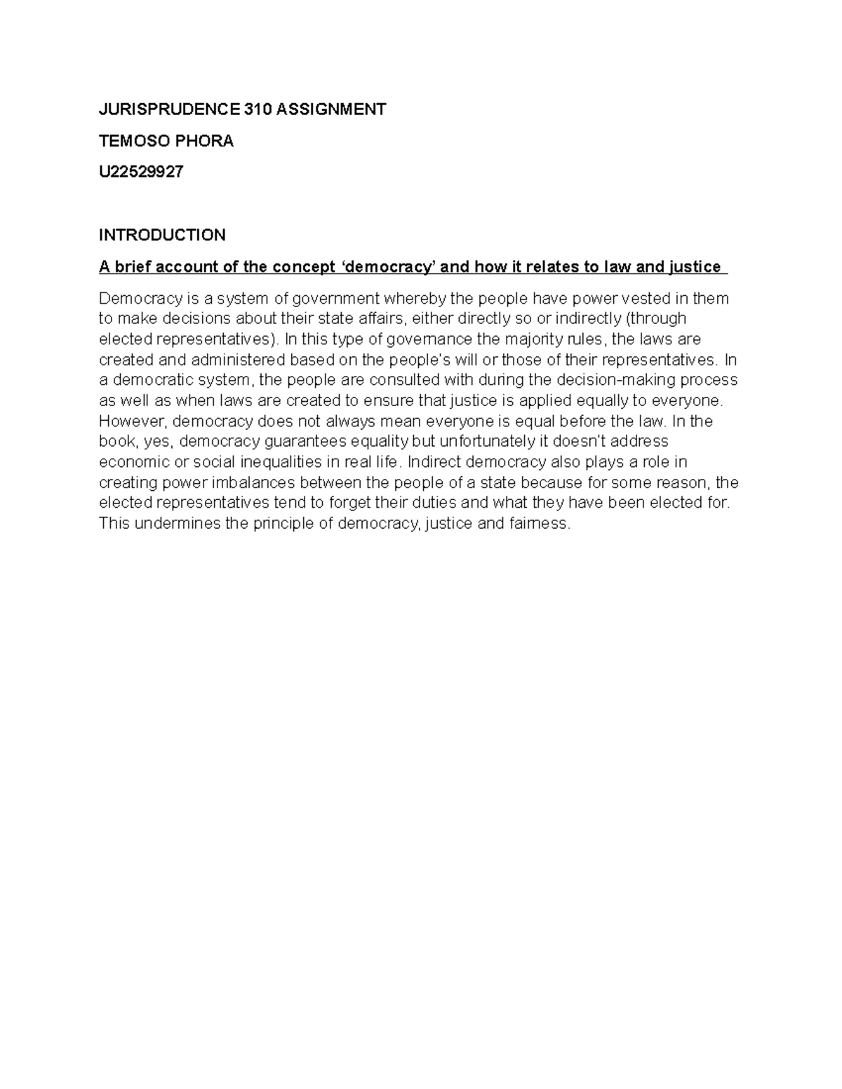 JUR 310Assignment - JURISPRUDENCE 310 ASSIGNMENT TEMOSO PHORA U ...