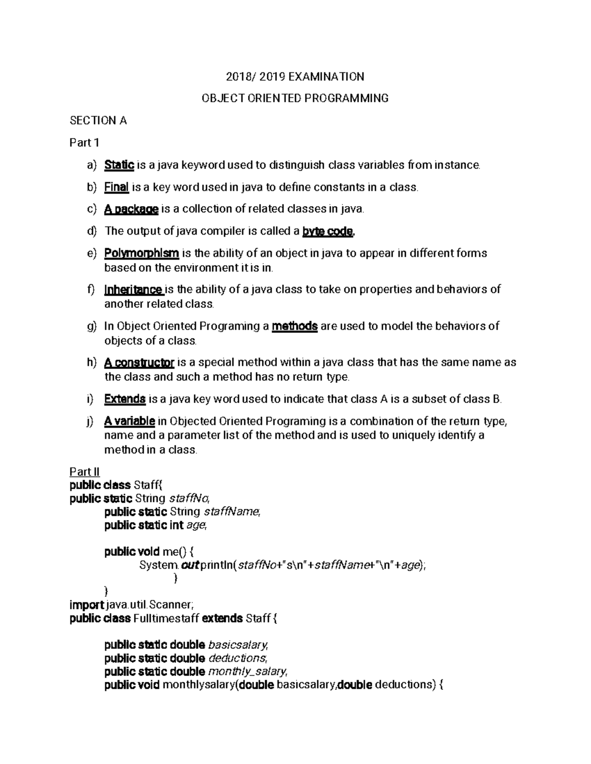 Answers for papers Object Oriented Programming - 2018 / 201 9EXAMINATION ...