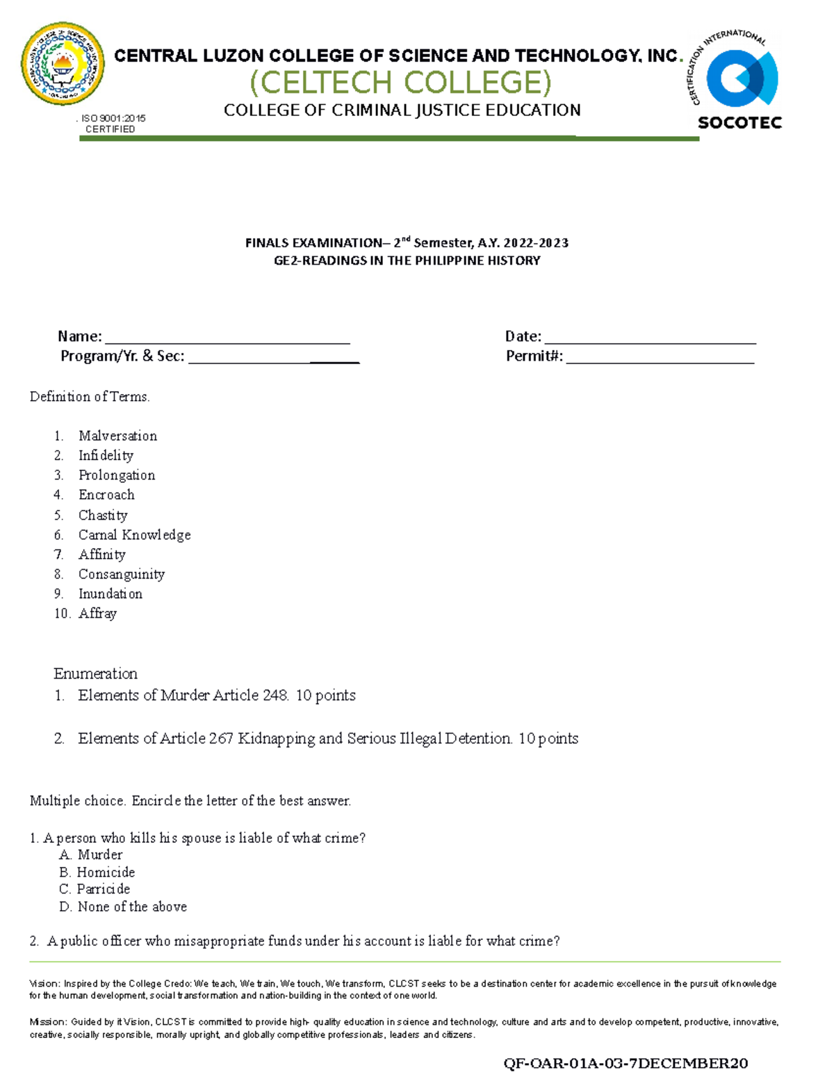 EXAM Bscrim 3 finals - examination criminal law - FINALS EXAMINATION ...