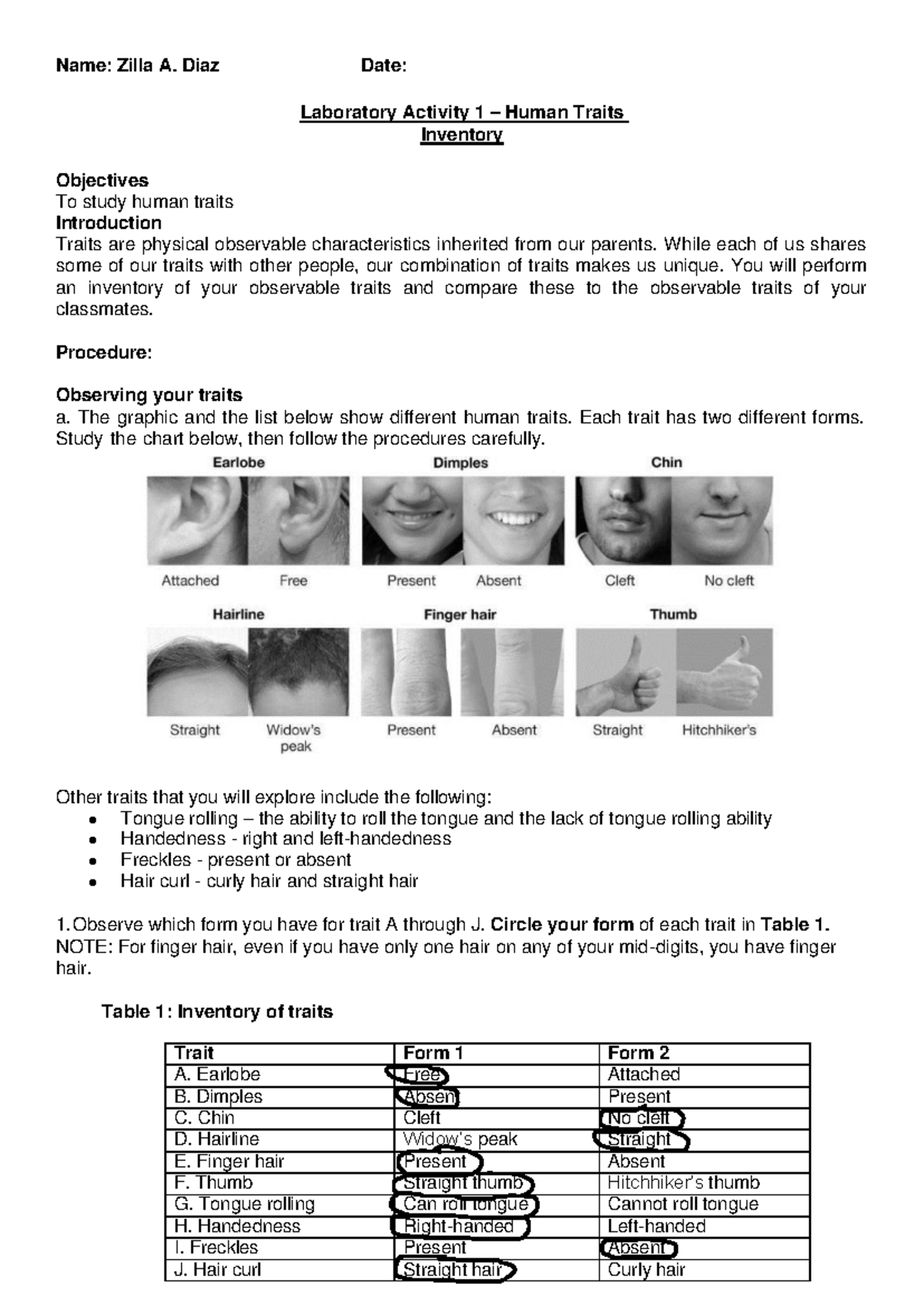 LAB 1 - Traits Inventory Worksheet DIAZ - Name: Zilla A. Diaz Date ...