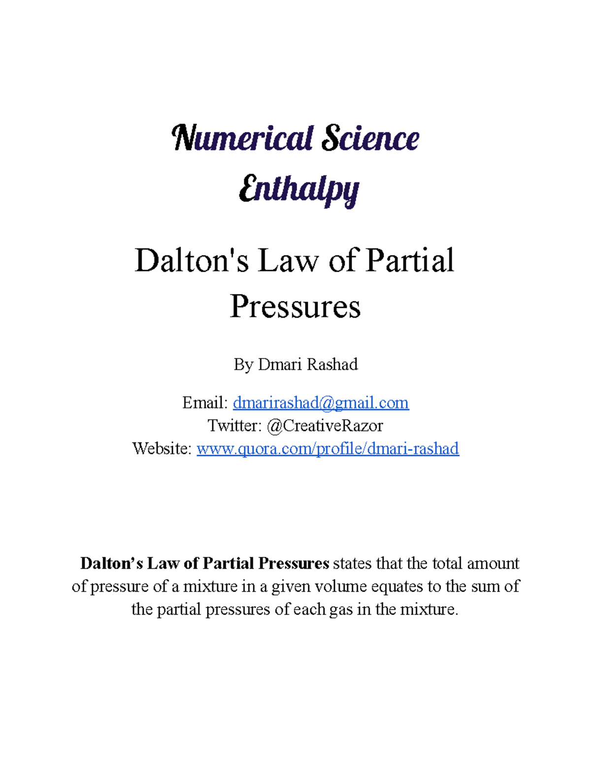 Gas Laws - Dalton's Law of Partial Pressures - Quick Study - Numerical ...