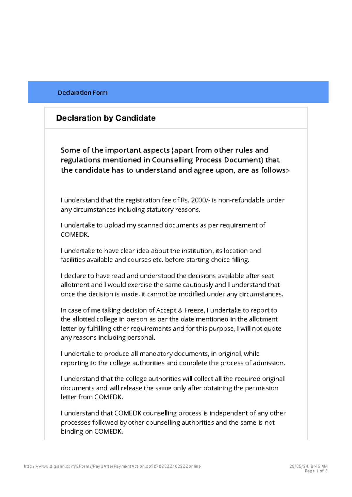 Comed K Counselling Form 2024 - Declaration Form Declaration by ...