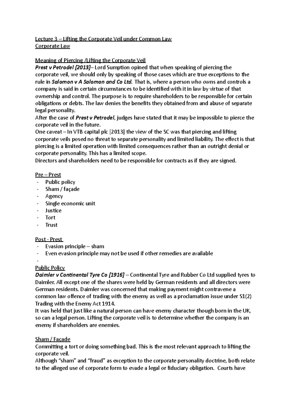 Lecture 3- Lifting the Corporate Veil - Lecture 3 – Lifting the Corporate Veil under Common Law ...