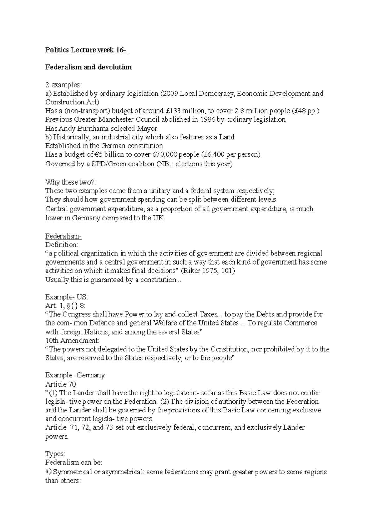 Lecture 17 - Politics Lecture week 16- Federalism and devolution 2 ...