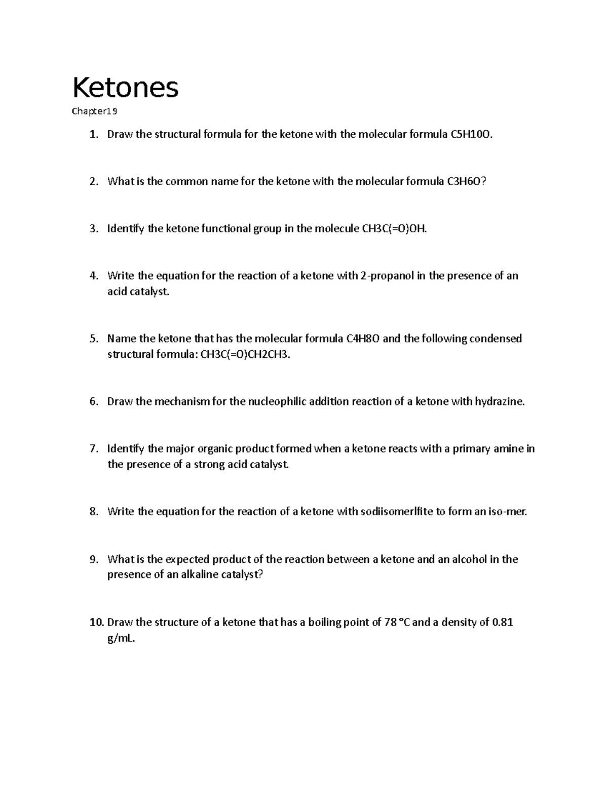 Ketones - self-made chemistry worksheet - Ketones Chapter Draw the ...