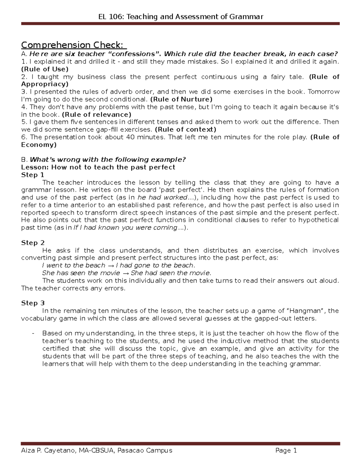 Comprehension Check Unit 4 for Learning Grammar - EL 106: Teaching and ...