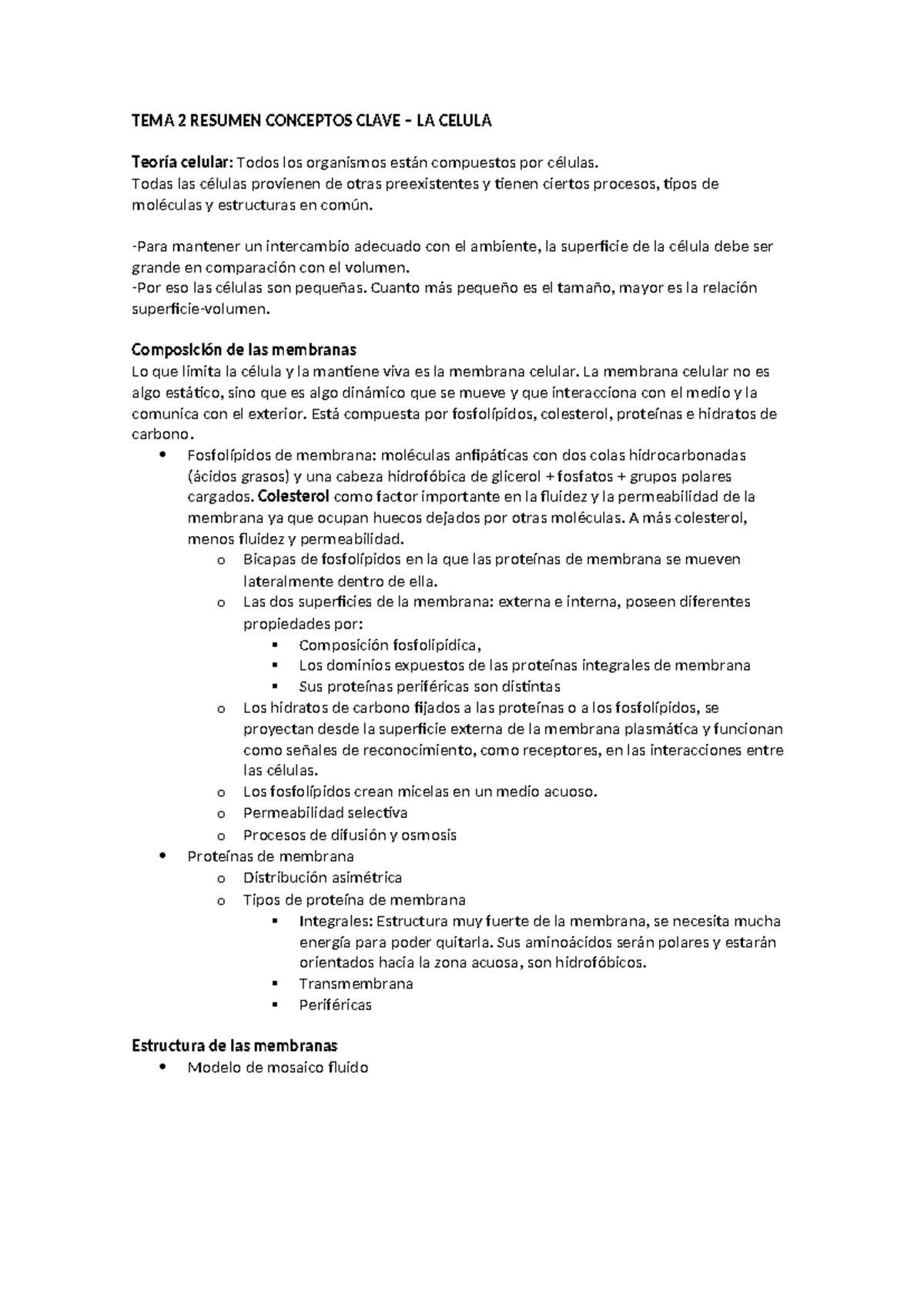 La Célula Apuntes - TEMA 2 RESUMEN CONCEPTOS CLAVE – LA CELULA Teoría ...