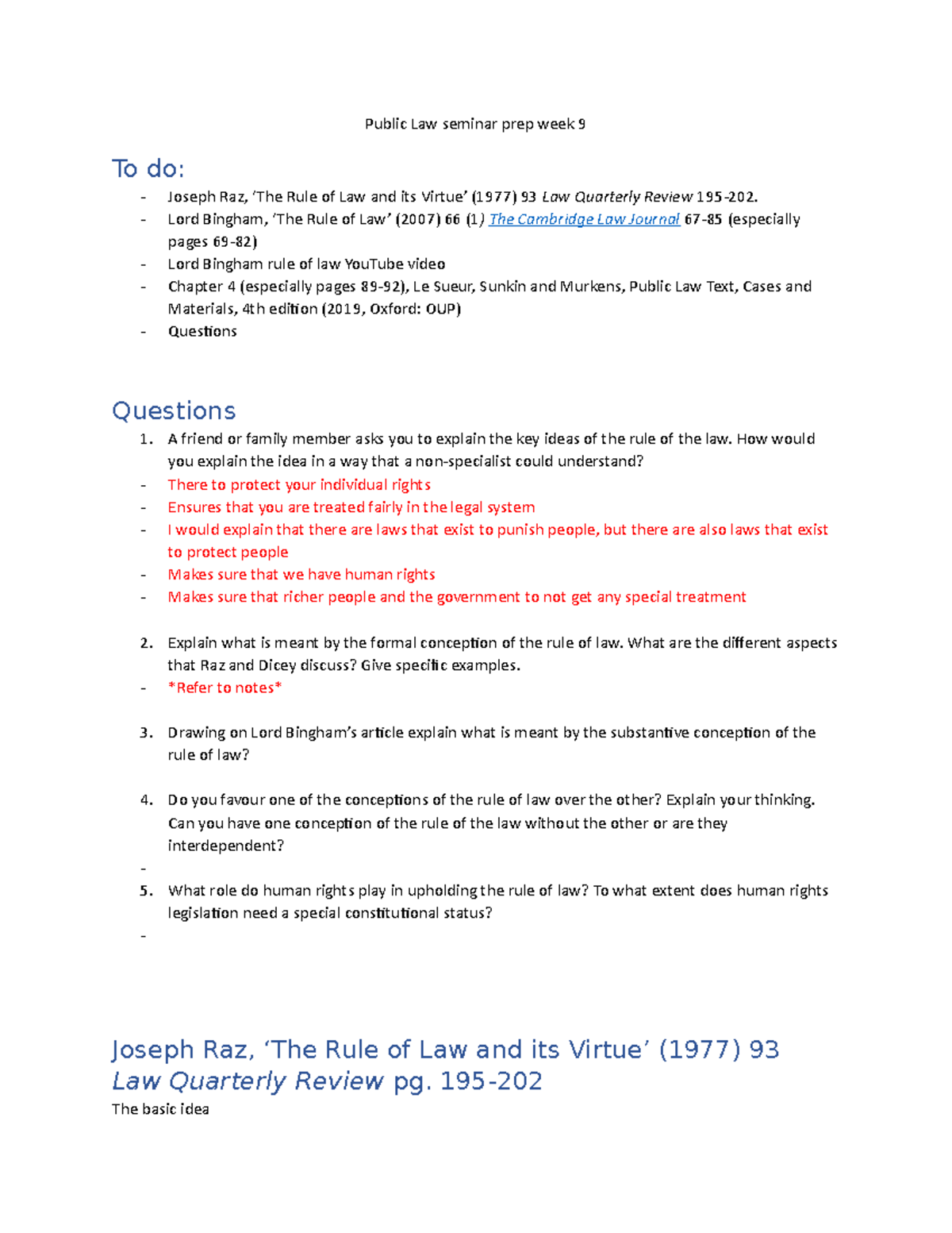 Public Law week 9 - Public Law seminar prep week 9 To do: Joseph Raz ...