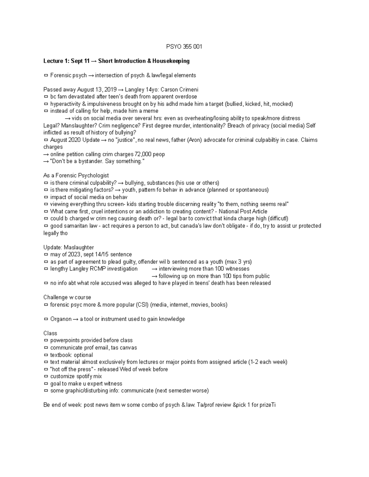 PSYO 355 Lec 1 - Lec 1 - PSYO 355 001 Lecture 1: Sept 11 → Short ...