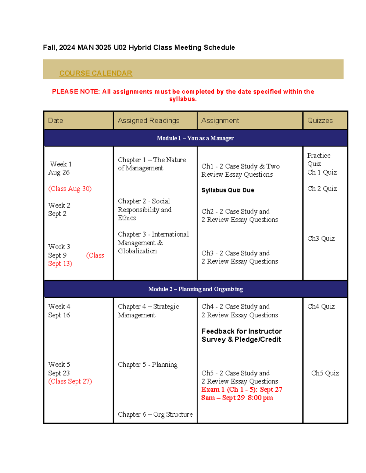 Fall, 2024 MAN 3025 U02 Hybrid Class Meeting Schedule - Fall, 2024 MAN ...
