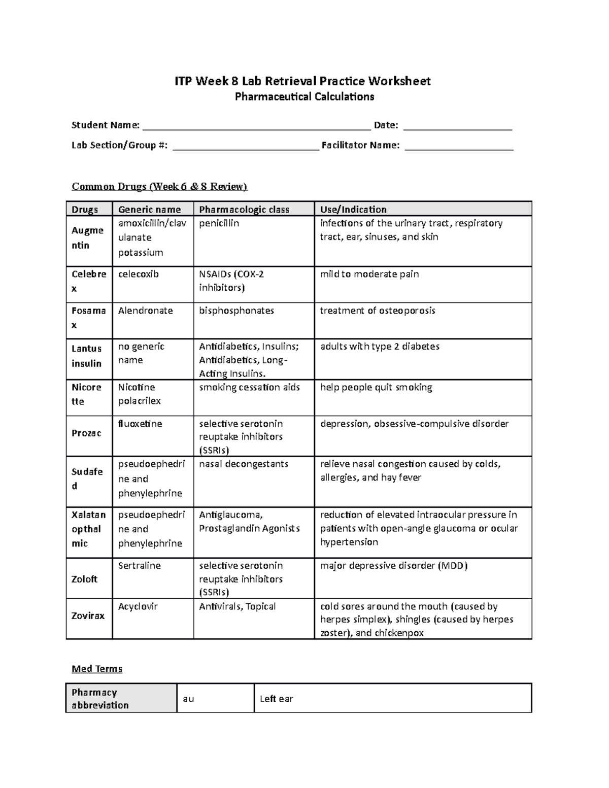 Pharmaceutical Calculations, Lab Retrieval Practice Worksheet, ITP Wk 8 ...