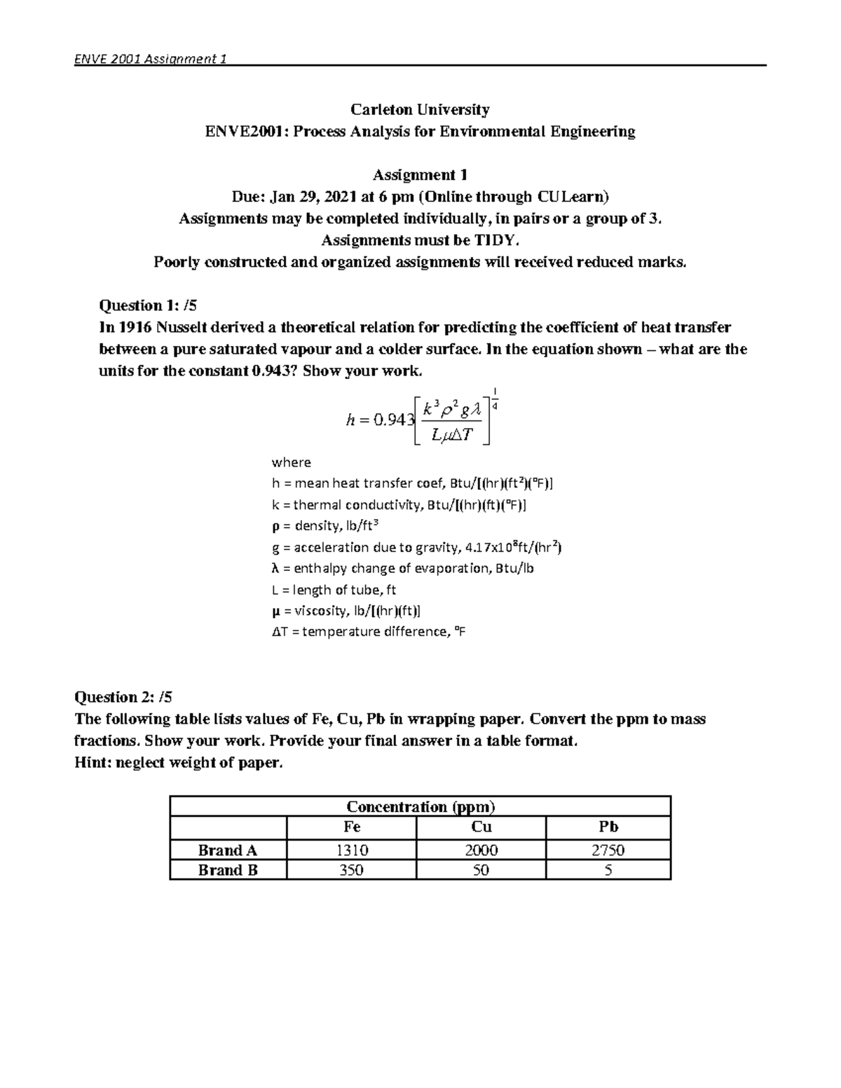 Assignment 1 Posted - ENVE 2001 Assignment 1 Carleton University ENVE2001: Process Analysis for ...