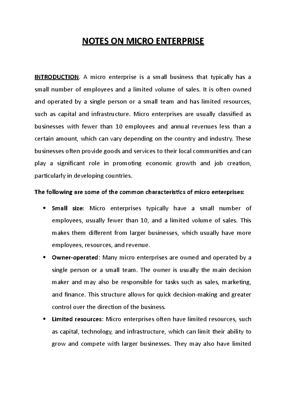 Notes ON Micro Enterprise - NOTES ON MICRO ENTERPRISE INTRODUCTION. A ...