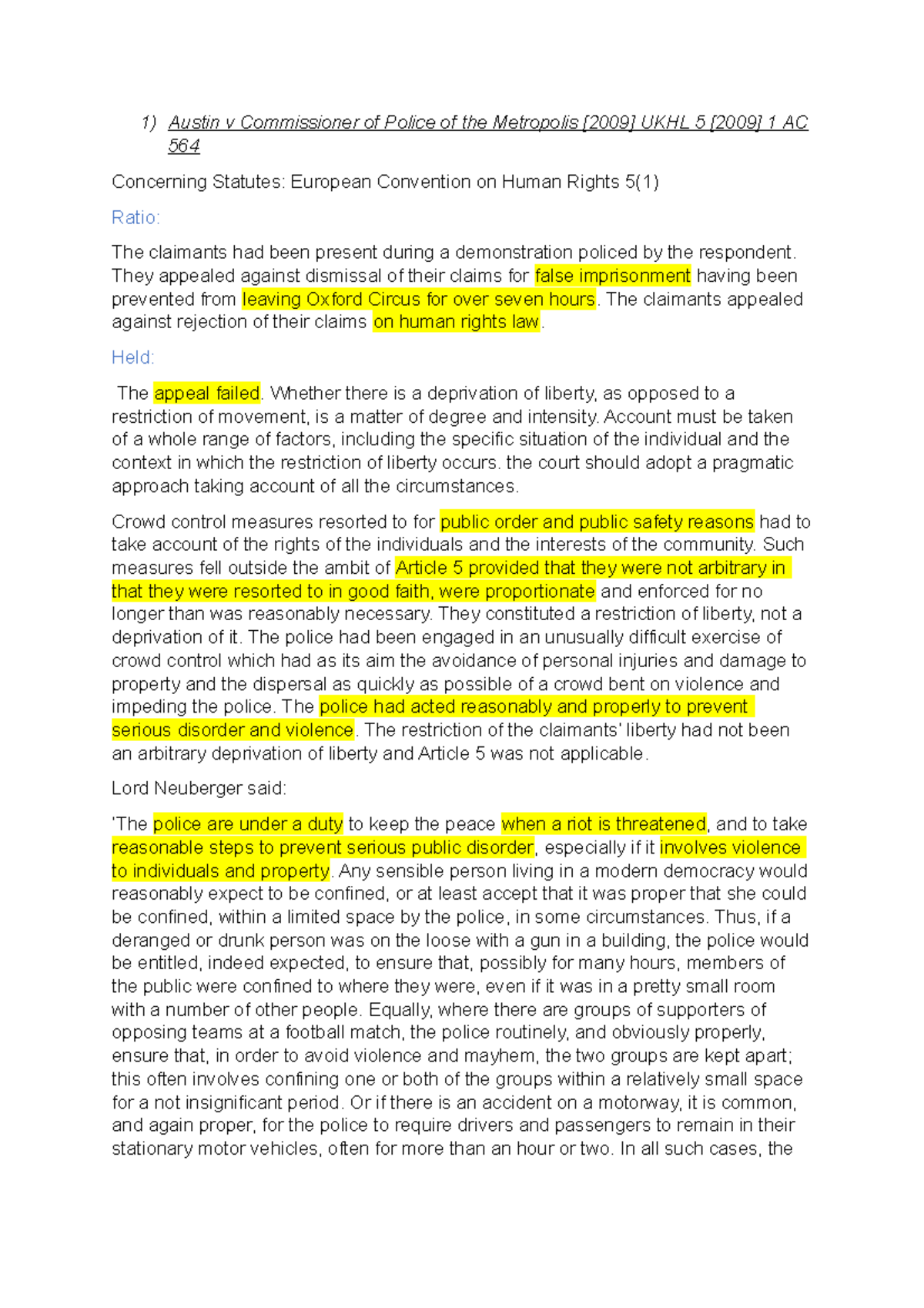 Public MCT notes 1 - Austin v Commissioner of Police of the Metropolis ...