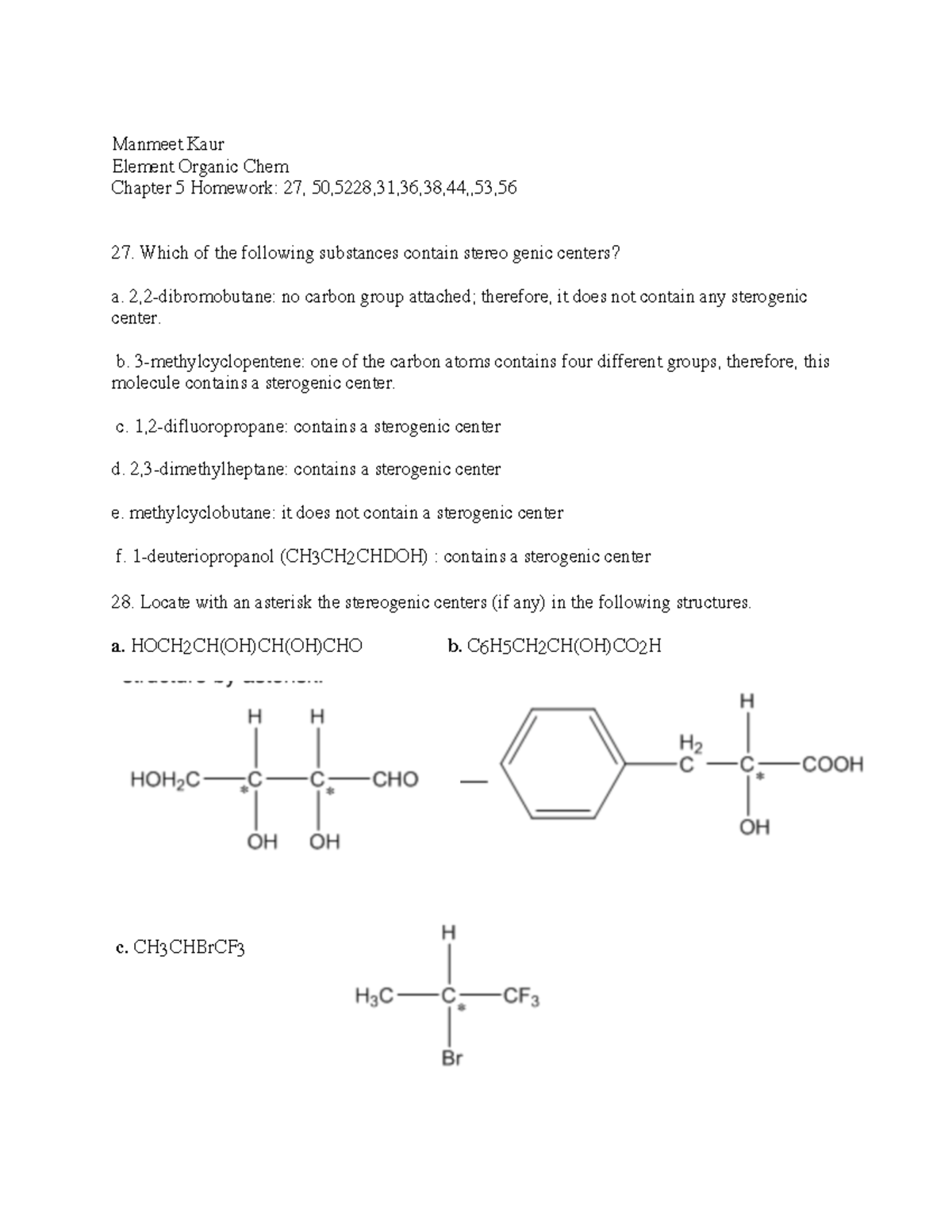 Chapter 5 homework - chem prac questions - Manmeet Kaur Element Organic ...