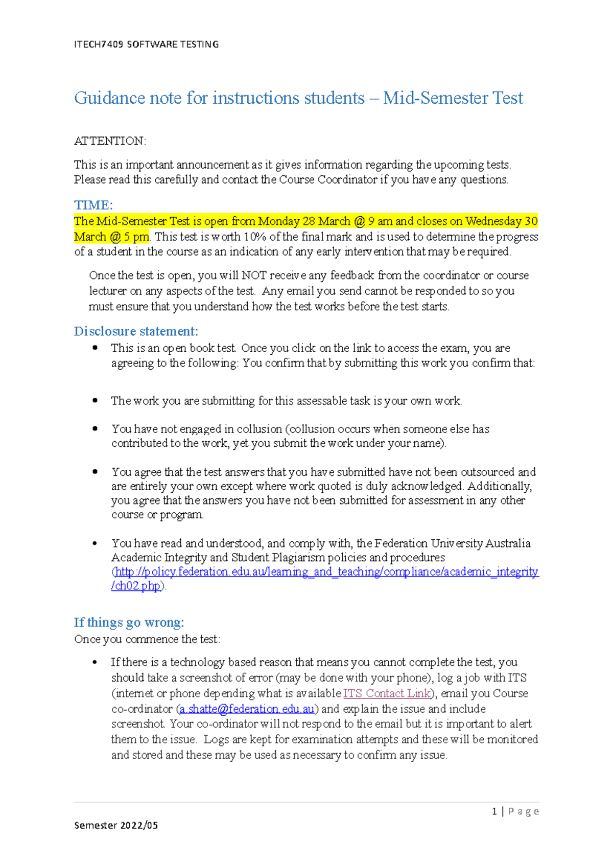 Guidance to students Seitps ITECH7409 Mid-Semester Test 2022 ...