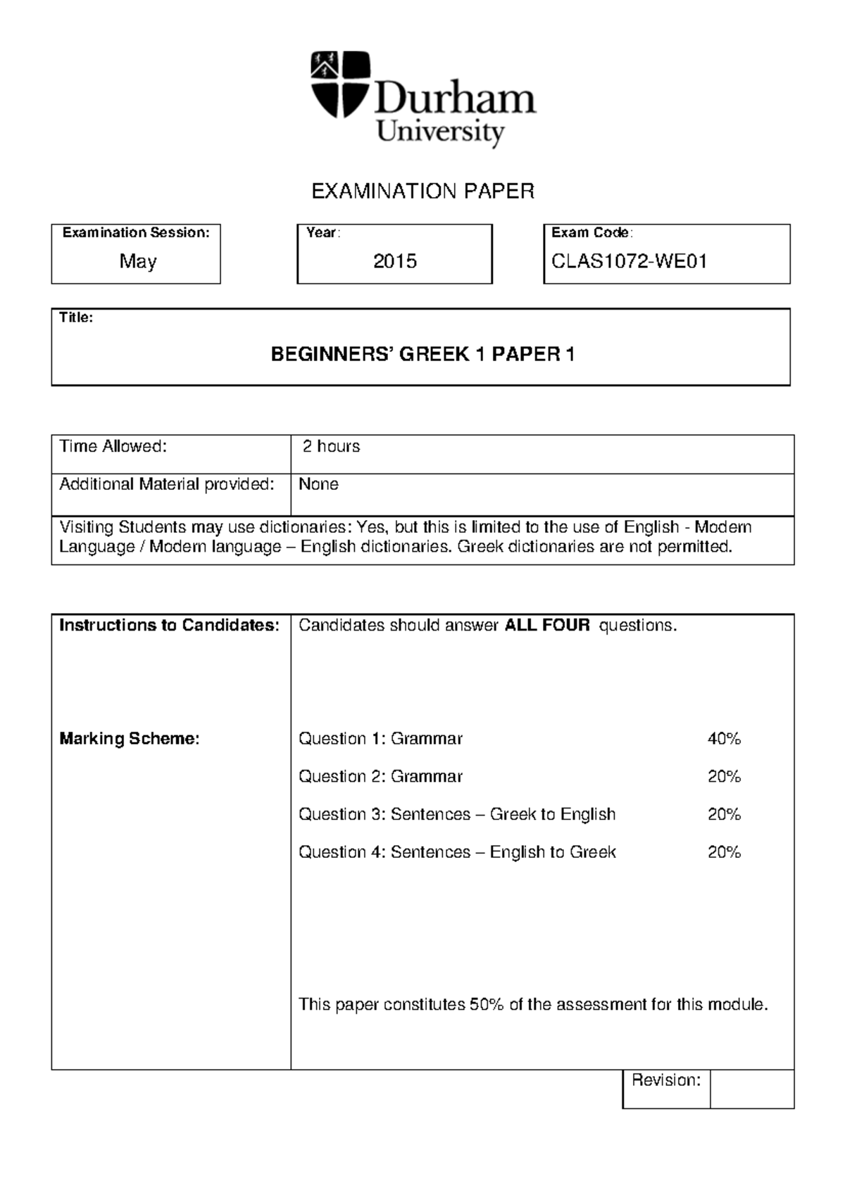 Beginners' Greek 1 Paper 1 - EXAMINATION PAPER Examination Session ...
