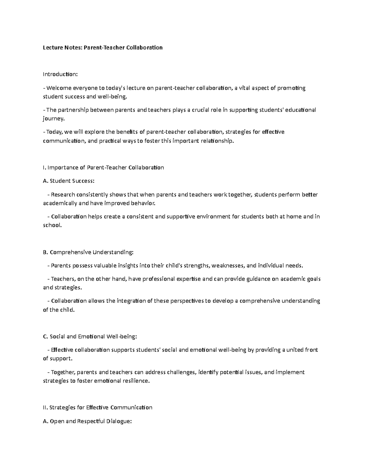 Lecture Notes: Parent-Teacher Collaboration - Lecture Notes: Parent ...