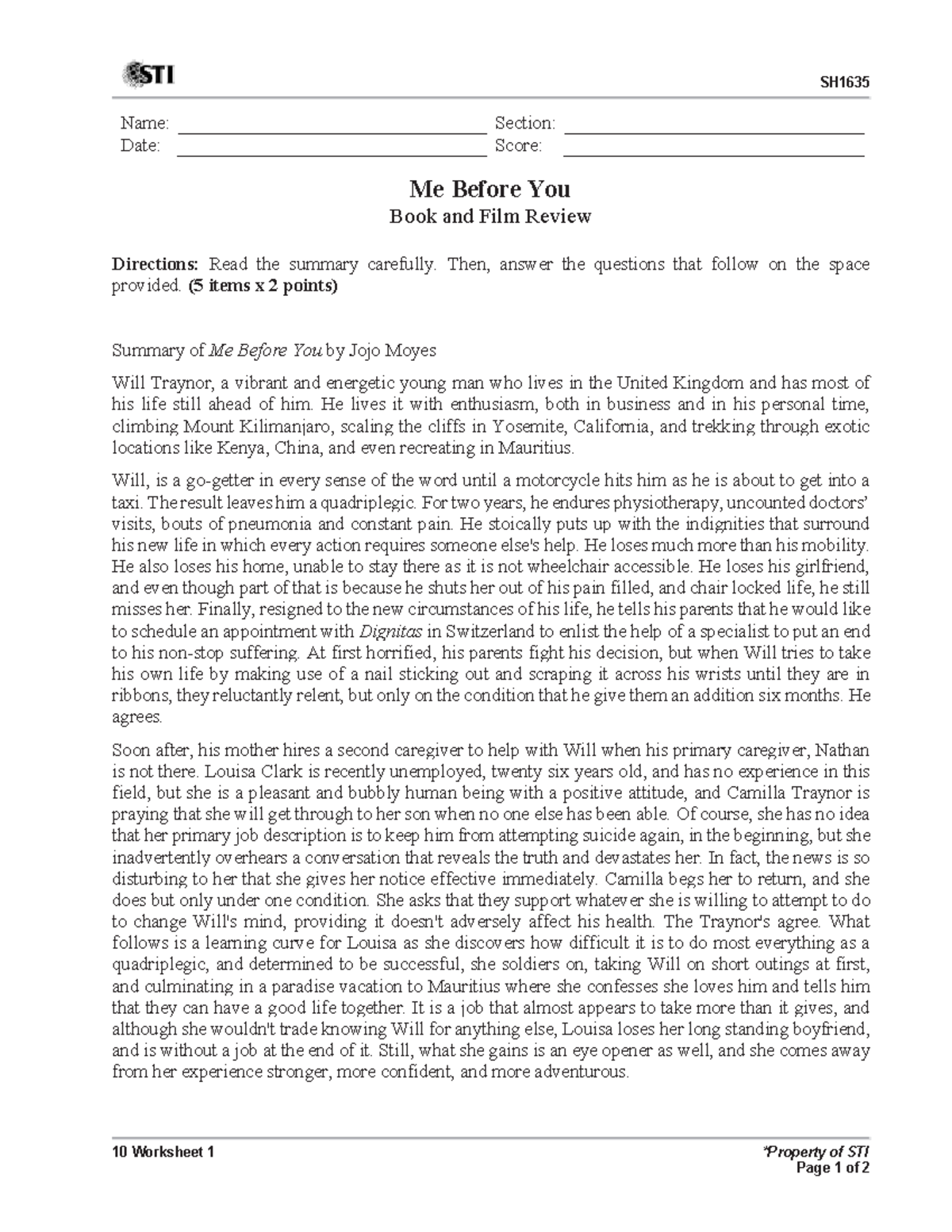 SH1635 - Reading and Writing Skills 10 Worksheet 1 - SH 10 Worksheet 1 ...