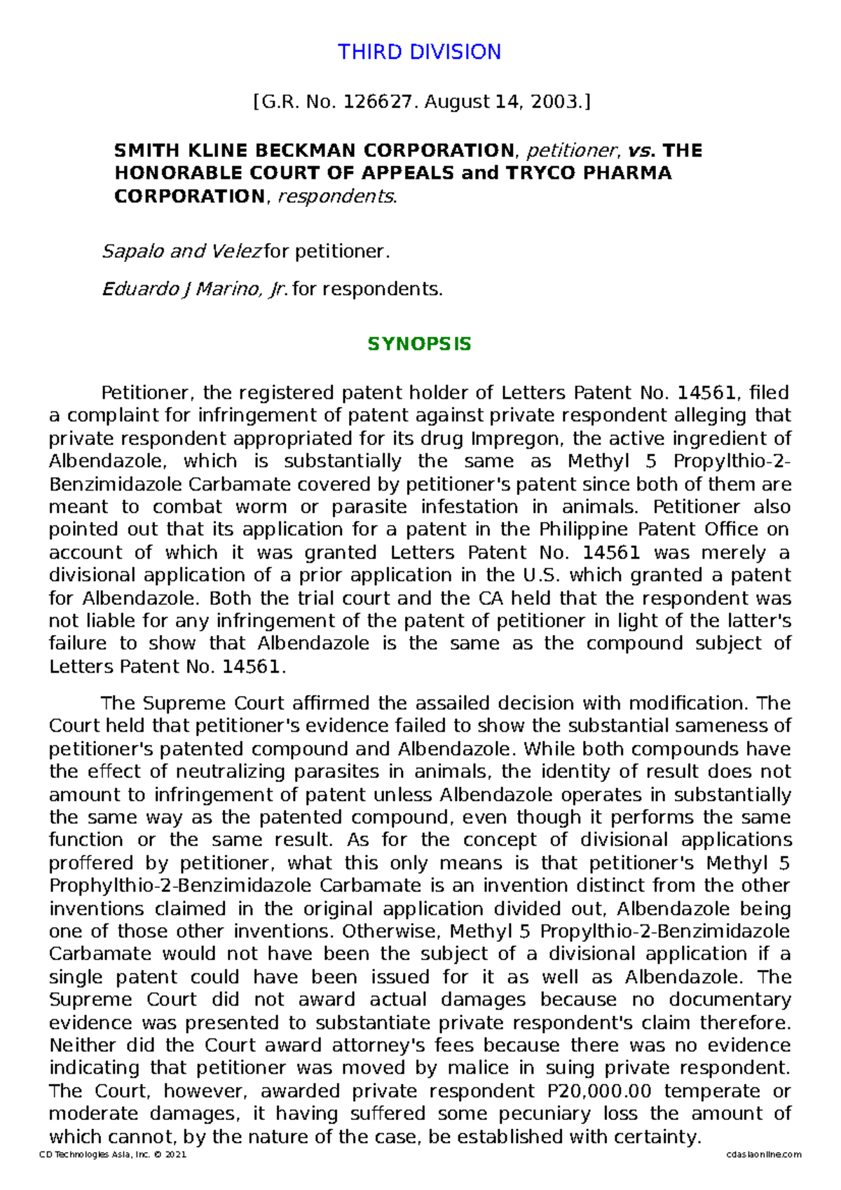 119706-2003-Smith Kline Beckman Corp - THIRD DIVISION [G. No. 126627 ...