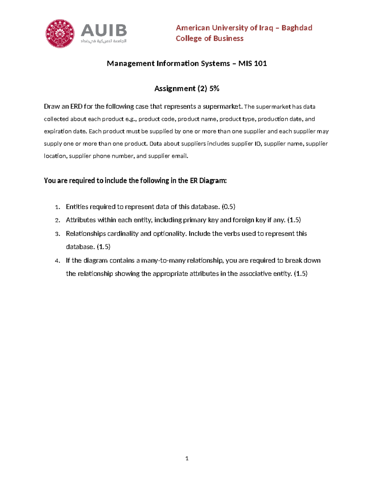 MIS assignment - Management Information Systems - American University of Iraq – Baghdad College ...