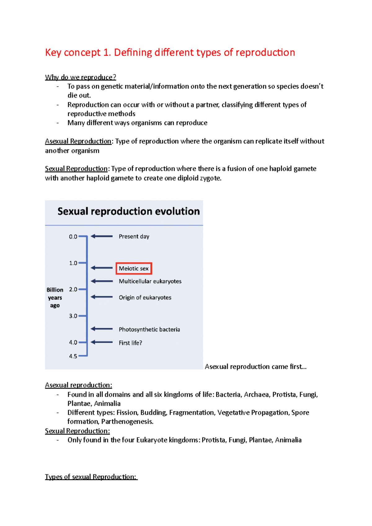 Reproduction - Notes - Key concept 1. Defining different types of ...