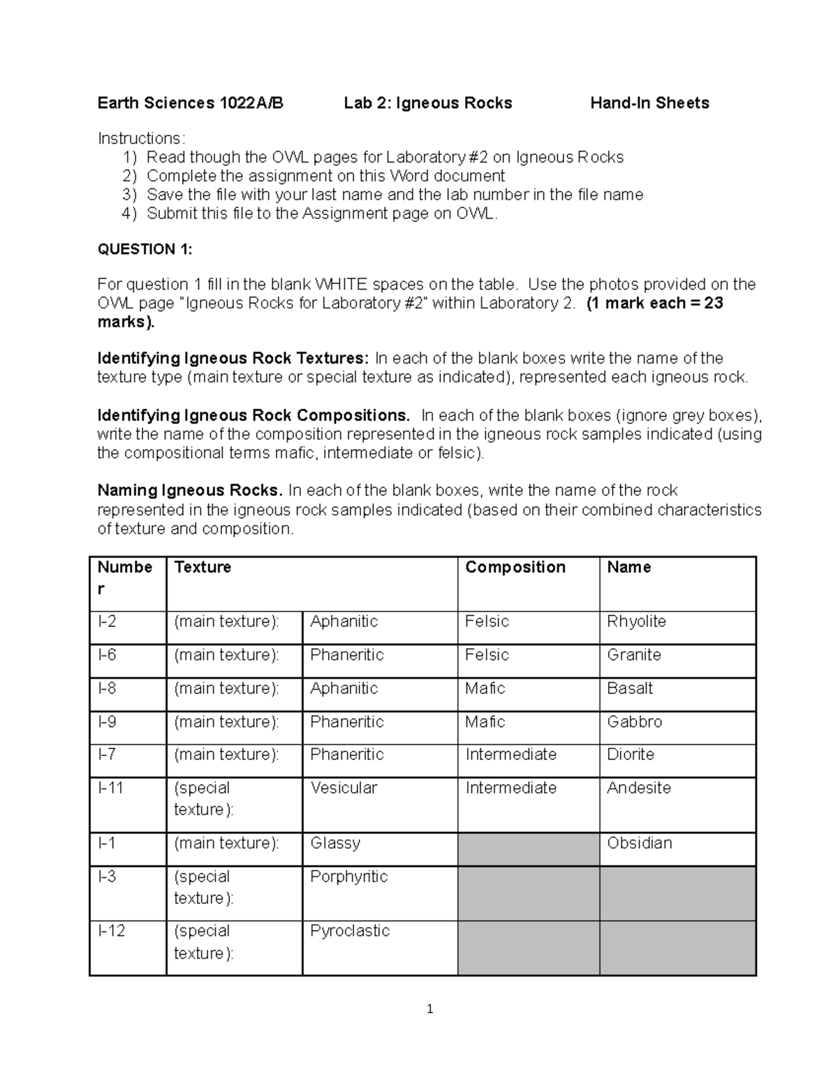 Lab 2 Assignment - Earth Sciences 1022A/B Lab 2: Igneous Rocks Hand-In ...