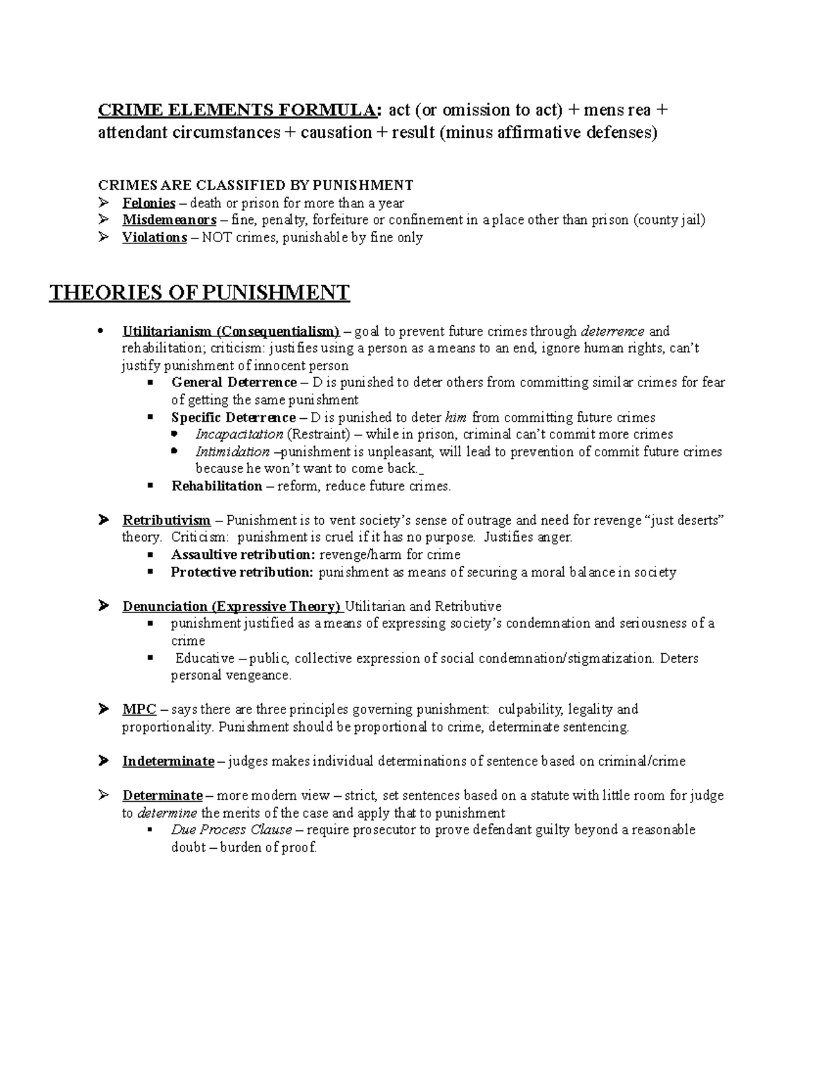 Criminal Law - Prof. Norman 3 - CRIME ELEMENTS FORMULA: act (or ...