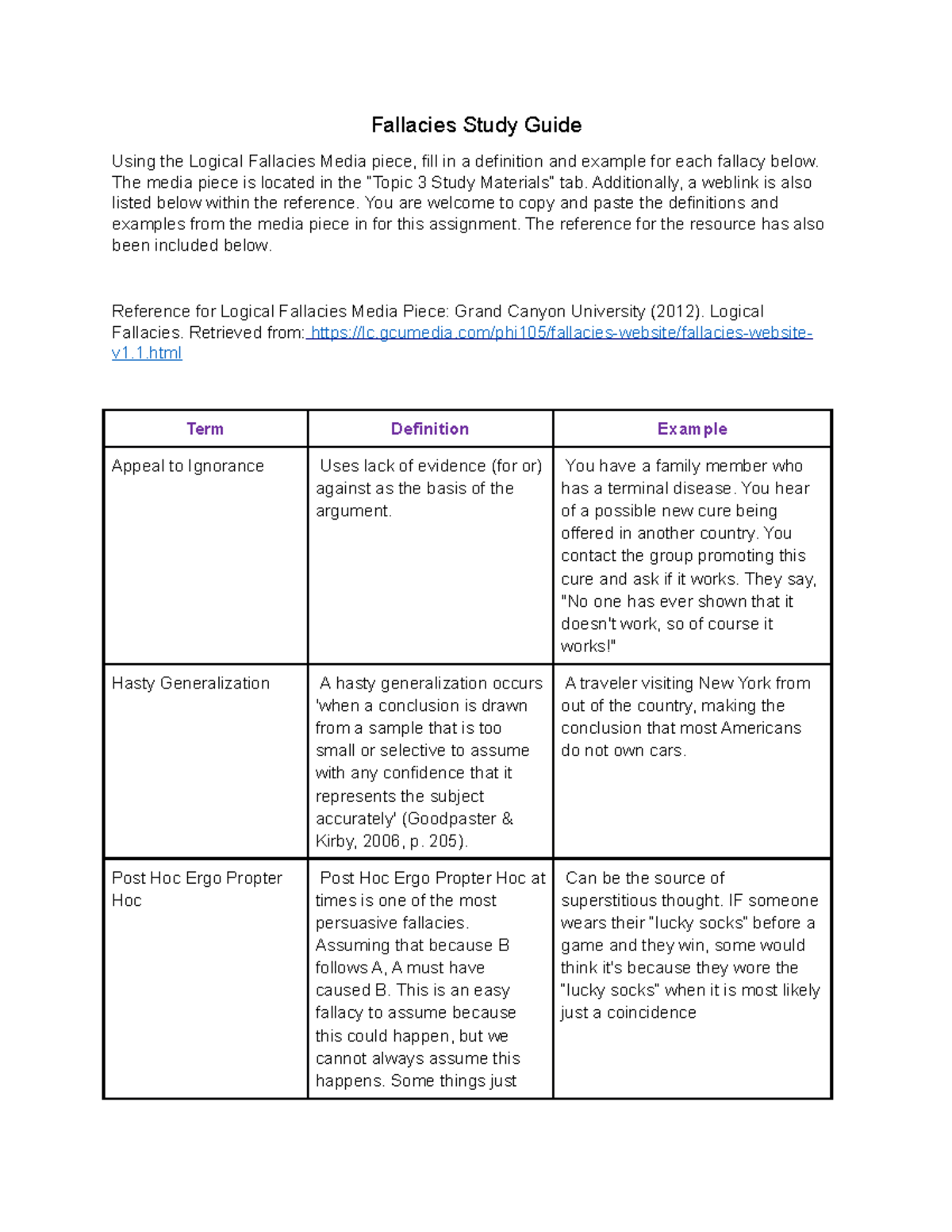 Fallacies Study Guide - Fallacies Study Guide Using the Logical ...