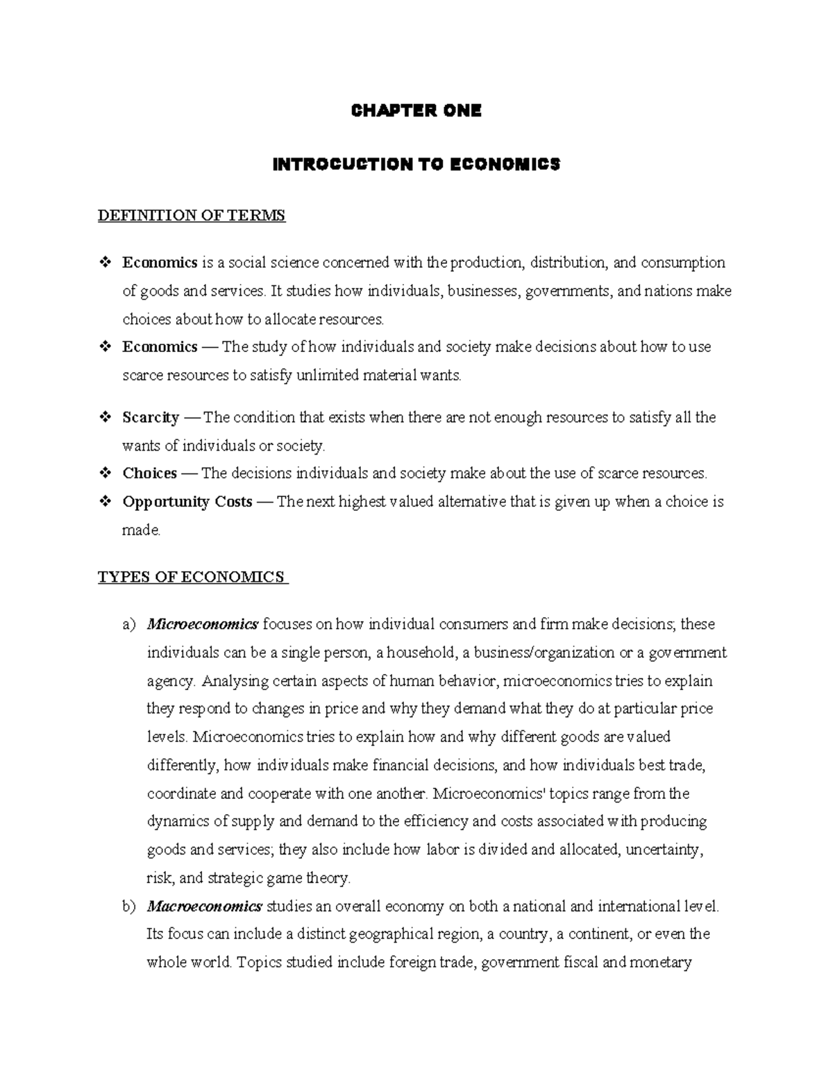 CHAP 1 - Introduction TO Economics - CHAPTER ONE INTROCUCTION TO ...