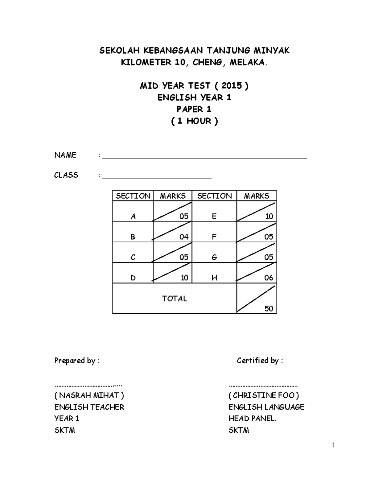 Mid Year Test English Paper 1 Year 1 - SEKOLAH KEBANGSAAN TANJUNG ...