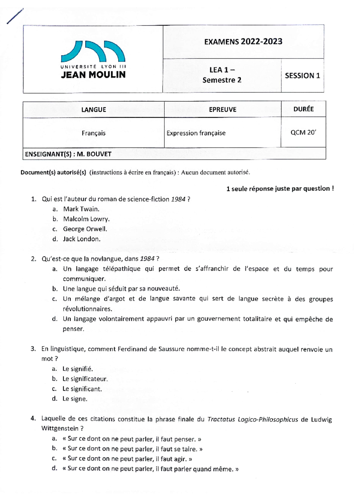 Partiel expression française L1 S2 session 1 2022 2023 - Expression ...
