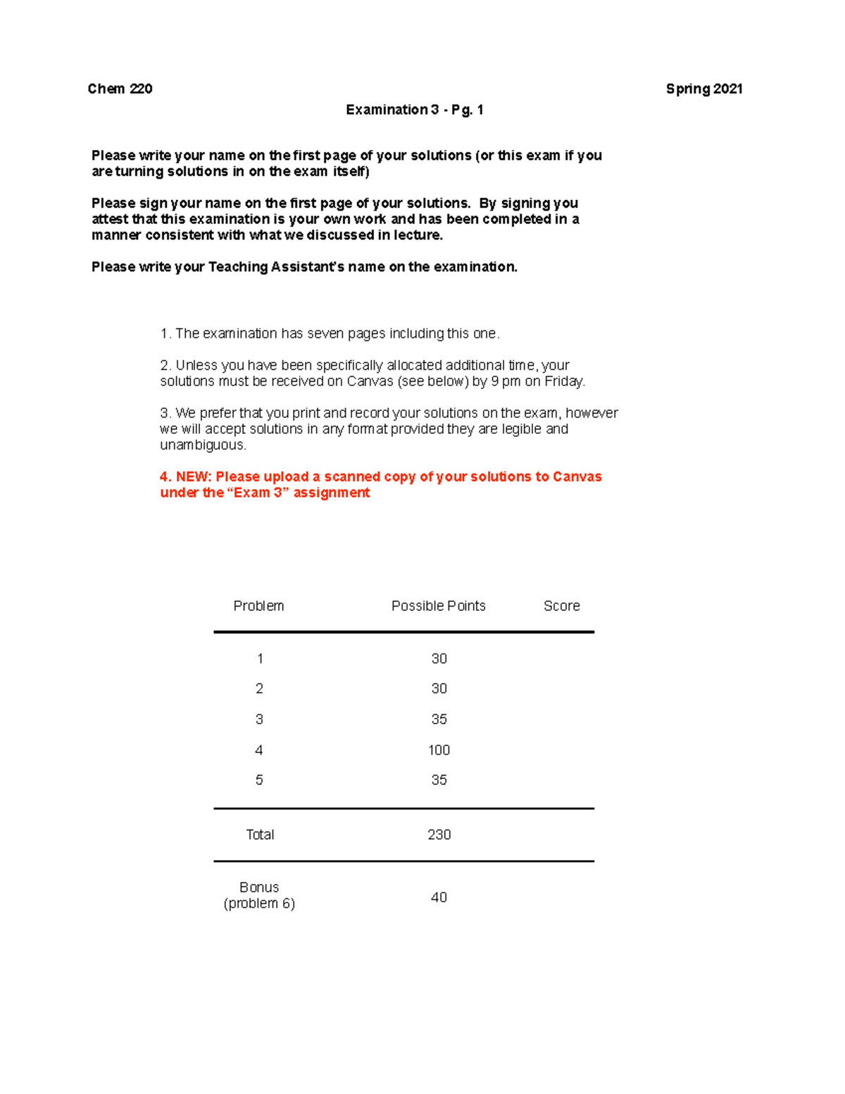 Examination 3 key - exam 3 key - Examination 3 - Pg. 1 Please write ...